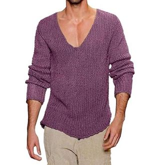 Generic Pull doux en tricot de laine &agrave; col en V pour homme, violet, 3XL