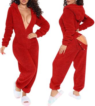Minetom Damen Jumpsuit Fleece Schlafanzug Einteiler Winter Warm Kuschelig Onesie Lang Schlafoverall Pyjama Arsch Ausschnitt Flauschig Hausanzug Mit Kapuze & R