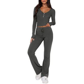 Generic Ensemble de v&ecirc;tements de d&eacute;tente pour femme - Pull de couleur unie - Costume d&eacute;contract&eacute; - V&ecirc;tements de sport - Pantalon &agrave; manches longues - Ensemble 
