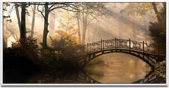 Paul Sinus Art Park mit alter Br&uuml;cke ca. 130x70cm Wandbild inklusive Schattenfugenrahmen weiss - Panorama Leinwand Bild XXL Format Wandbilder Wohnzimmer Wohnung Deko