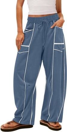 Generic Pantalon de jogging &agrave; jambes droites avec cordon de serrage pour femme - Pantalon ample en coton doux - Motif &agrave; rayures - Patchwork - Pantalon de surv