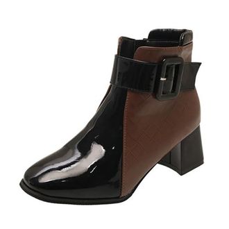 Generic Bottines courtes tendance en patchwork avec boucle et sangle décorative, bout carré, talon bloc, fermeture éclair dans le dos, pour femme, café, 38.5 