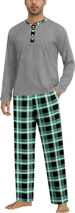 Ekouaer Schlafanzug Herren Lang Henley-Kragen Pyjama Set Winter Warm mit Kordelzug und Taschen Hausanzug, Grau, XXL