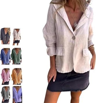 Generic Manteau fin décontracté en coton et lin avec revers à un seul bouton, veste blazer décontractée en coton et lin pour femme, beige, XXL