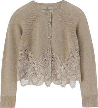 Ermanno Scervino Femme, Pulls, Beige, Taille: 38 FR Gilet Court avec Col Mandarin et Dentelle Rebrod&eacute;