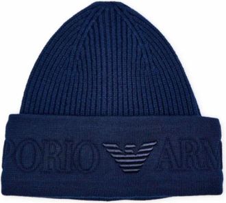 Emporio Armani unisex, Accessoires, Bleu, Taille: L Wool Beanie with Logo Brim