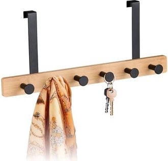 Relaxdays T&uuml;rgarderobe, 6 Haken, Hakenleiste zum Einh&auml;ngen, f&uuml;r 2 cm T&uuml;r, Bambus & Metall, Kleiderhaken, natur/schwarz