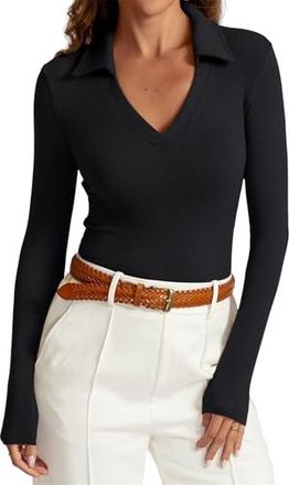 Generic Polo à manches longues et col en V pour femme, haut décontracté pour femme, haut de bureau pour femme, Noir, M