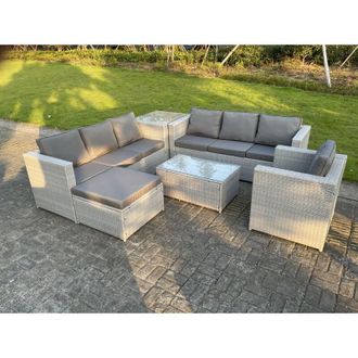 Fimous Rattan Gartenm&ouml;bel Set mit 3-Sitzer Sofa Sessel Beistelltisch Couchtisch Fu&szlig;hocker Helles Grau - Fimous