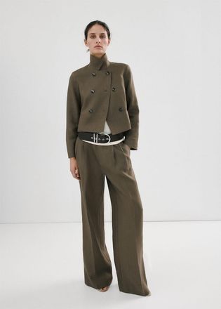 Mango Veste en lin &agrave; double boutonnage kaki - Femme - XXS - MANGO