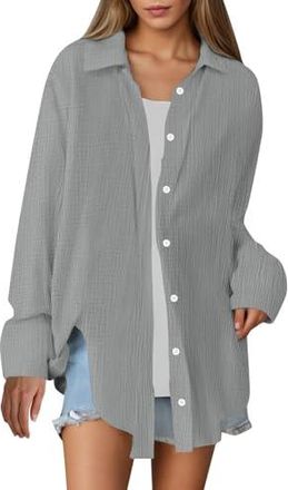 Generic Haut long pour femme - Col boutonné - Manches longues - Chemise de travail légère et habillée - Style décontracté, Z03-gris, M