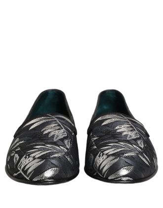 Dolce & Gabbana Black Leaf Embroidery Dress Men Loafers Shoes Leather