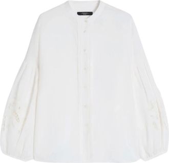 Max Mara Femme, Blouses et Chemises, Blanc, Taille: 42 FR Chemise en lin avec col mandarin et manches brod&eacute;es