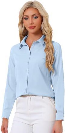 Allegra K Femme Chemise Travail à Manches Longues Boutons Couleur Bleu Ciel uni XS