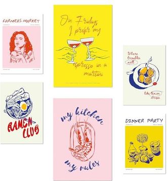 Nacnic Lot de 6 Affiches Illustrations de nourriture et de vin de style pop art illustration design pour d&eacute;corer les murs de la maison. Chambres, bureau A3 e