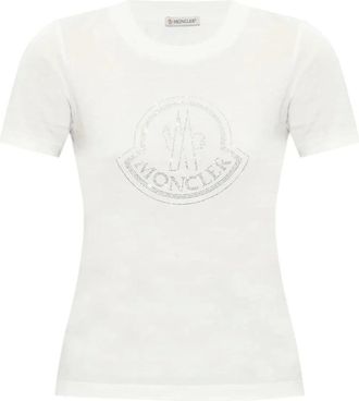 Moncler Femme, Tops, Blanc, Taille: 40 FR T-shirt &agrave; Manches Courtes et Col Rond C&ocirc;tel&eacute;