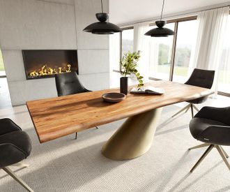 DELIFE Esstisch Edge 240x100 Akazie Natur Cono Metallic Gold Live-Edge, Esstische, Baumkantenm&ouml;bel, Massivholzm&ouml;bel, Massivholz