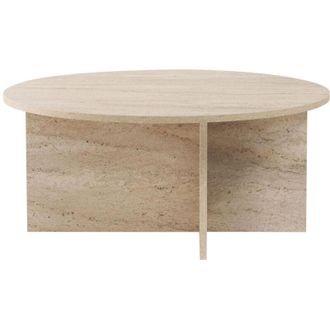 M&S Collection Table basse ronde effet travertin 90cm - Panneaux m&eacute;lamin&eacute;s - Hauteur 40cm - Design contemporain avec pied asym&eacute;trique