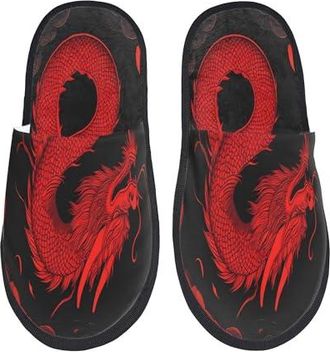 Generic Pantoufles DH&ocirc;tel Dragon Rouge Sur Fond Noir Chaud Fourrure Pantoufles Antid&eacute;rapant Maison Slippers Pour Camping Invit&eacute; Int&eacute;rieur M