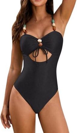 Generic Maillots De Bain Une Pieces Femme Push Up de Couleur Unie perlé à Cordon (Black, S)