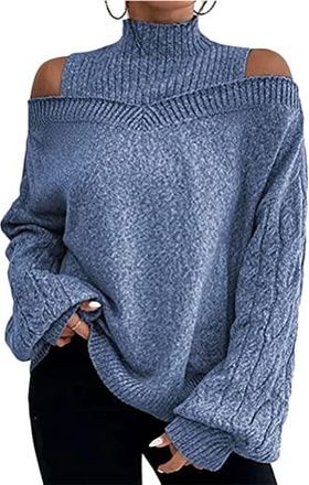 TOMWELL Femmes Pull Tricoté Col Rond Bloc de Couleur Col Roulé Chandail Casual Pull à Manche Longue Sweater Hiver Chaud Grande Taille Tops B Bleu Foncé M