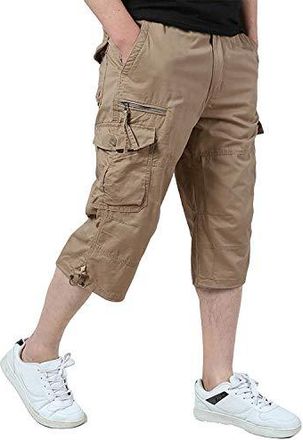 KEFITEVD Short D&eacute;contract&eacute; pour Homme Elastique et Confortable Homme 3/4 Pantalon avec Poches Zipp&eacute;es en Coton,Kaki,34