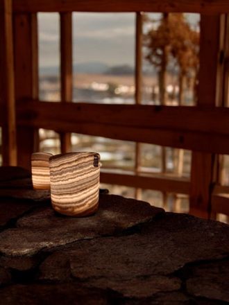 Maison Zoe 2-teiliges Teelichthalter Set Zylinder 10x10cm aus Alabaster-Stein - handgeschnitzte Kerzenhalter - Deko - Windlichthalter