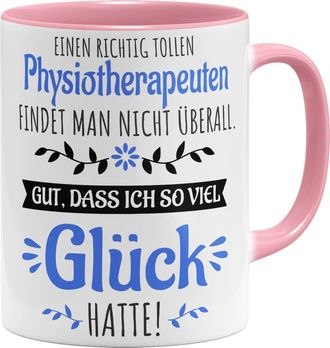 OM3 Physiotherapeut Kaffee-Tasse mit Spruch - Geschenk für Physiotherapeuten Danke Spruch Glück gehabt - Keramik Becher - 325ml - Beidseitig Bedruckt - Ro