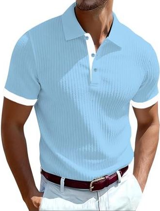 Generic DENGJIAMY Polo en tricot pour homme tendance &agrave; col montant T-shirt &agrave; manches courtes d&eacute;contract&eacute; pour affaires de golf pour homme Patchwork d&eacute;t&eacute;, bleu