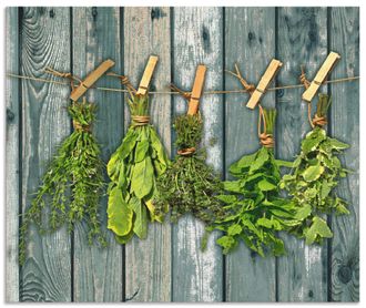 Artland ARTland Spritzschutz K&uuml;chenr&uuml;ckwand aus Alu f&uuml;r K&uuml;che Herd Sp&uuml;le 60x50 cm (BxH) mit Motiv Kr&auml;uter Pflanzen Gew&uuml;rze Holzoptik Landhaus Shabby T5XN