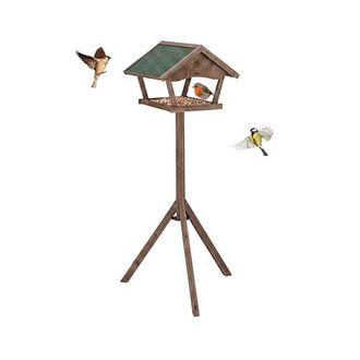 Relaxdays Vogelfutterhaus mit St&auml;nder, 137 cm hoch, wetterfestes Dach, Garten & Balkon, Vogelhaus, Tannenholz, braun