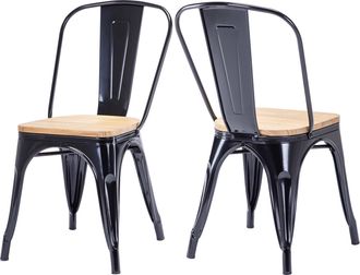 Duhome Metallstuhl Bistrostuhl 2er Set aus Eisen Esszimmerstuhl mit Rückenlehne, Stapelbare Küchenstühle, Schwarz+Naturholz