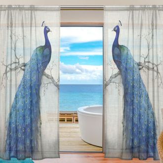 Alaza Durchsichtiger Voile-Fenstervorhang, Retro-Kunst, Pfauenmuster, Polyester-Material f&uuml;r Schlafzimmer, Dekoration, Zuhause, T&uuml;rdekoration, K&uuml;che, Wohnzi