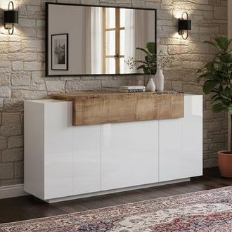 Dmora Kommode Sirio, 3-t&uuml;riges K&uuml;chen-Sideboard, Wohnzimmer-Buffet, 100 % Made in Italy, 160 x 45 x 86 cm, gl&auml;nzendes Wei&szlig; und Ahorn