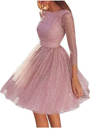 Generic Nidddiv Robe de mariée courte en tulle - Col rond - Robe de bal - Robe de bal courte - Rose - Manches longues - Robe de soirée à paillettes - Robe de 