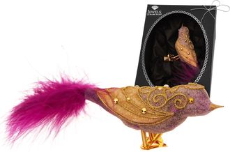 Krebs Glas Lauscha Weihnachtsdekoration/Christbaumschmuck aus Glas - Vogel exquisit auf Clip mit Feder - Farbe: Violett, Gold mit violetter Feder - Gr&ouml;&szlig;e: ca. 17 cm