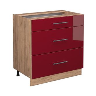 Vicco Meuble cuisine Fame-Line, Rouge bordeaux Haute brillance, 80 cm avec 3 tiroirs, sans plan de travail Vicco