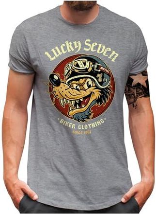Lucky 7 T-shirt pour homme - Vintage Motorbike Retro Wolf Lucky Seven Biker L7 - S - 5XL, Gris mélangé, 4XL