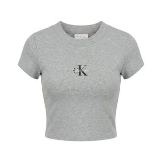 Calvin Klein Jeans Femme, Tops, Gris, Taille: 38 FR T-shirt &agrave; manches courtes et col rond