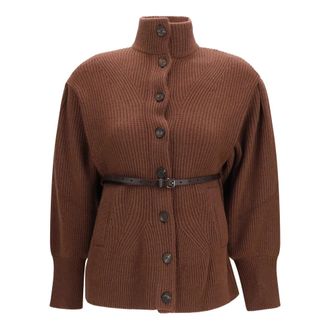 Brunello Cucinelli Strickjacke mit hohem Kragen und G&uuml;rtel - - Knitwear - Damen - Braun - S