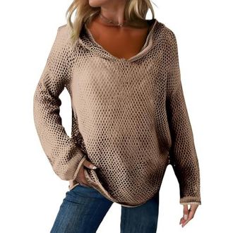 Generic Pull pour femme en crochet ajour&eacute; &agrave; manches longues et &eacute;paules tombantes - Pull &agrave; capuche l&eacute;ger - Coupe ample - Cache-maillot de plage d&eacute;contract&eacute; au 