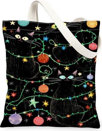 Generic Sacs fourre-tout en toile motif chat de No&euml;l, sacs d&eacute;picerie r&eacute;utilisables, l&eacute;gers et lavables avec bandouli&egrave;re, noir, 13x15 Inch