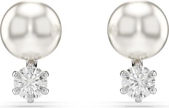 Swarovski Matrix Ohrstecker, Weiße, Rhodinierte Ohrringe mit Kristallperle und Strahlenden Swarovski Kristallen im Rundschliff