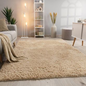 Paco Home Paco Home Tapis De Salon Poils Longs Fausse Fourrure Shaggy Moelleux Monochrome Beige, 200 cm rond