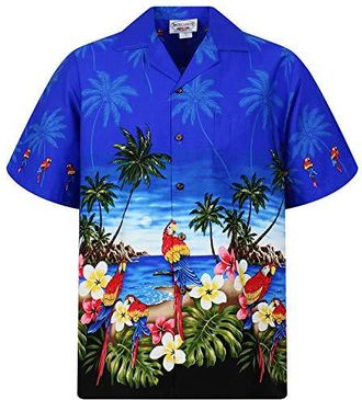 Pacific Legend PLA Original Chemise Hawaienne, Parrot with Black, Bleu, XL