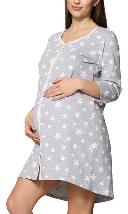 Be Mammy Damen Umstands Nachthemd 3/4 Arm mit Stillfunktion BE20-276 (Melange Sterne Creme, XXL)