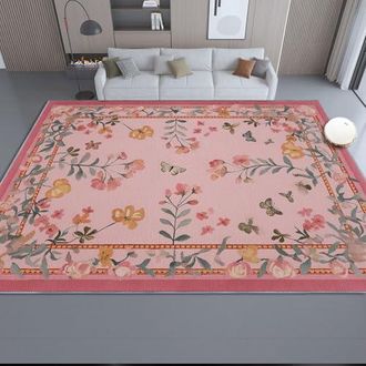 Generic Tapis Salon 140 x 200 cm - Rose Tapis Doux D&eacute;corations Chambre &agrave; Coucher Design Aquarelle Fleurs Papillons Moquette Lavable en Machine pour Chambre de