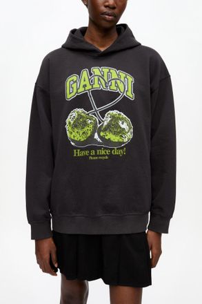 Ganni gemischt Schwarzer, &uuml;bergro&szlig;er Isoli Cherries Hoodie Bio-Baumwolle - Gr&ouml;&szlig;e L/XL