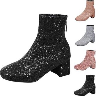 Generic Bottines &agrave; paillettes pour femme avec strass et talons &eacute;pais avec fermeture &eacute;clair lat&eacute;rale, bout rond, talon bloc bas, court, habill&eacute;, confortable, d