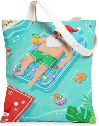 Generic Sacs fourre-tout en toile tropicale pour vacances, motif P&egrave;re No&euml;l, piscine, sacs d&eacute;picerie, sacs d&eacute;picerie r&eacute;utilisables, vintage d&eacute;t&eacute;, l&eacute;gers, lavab